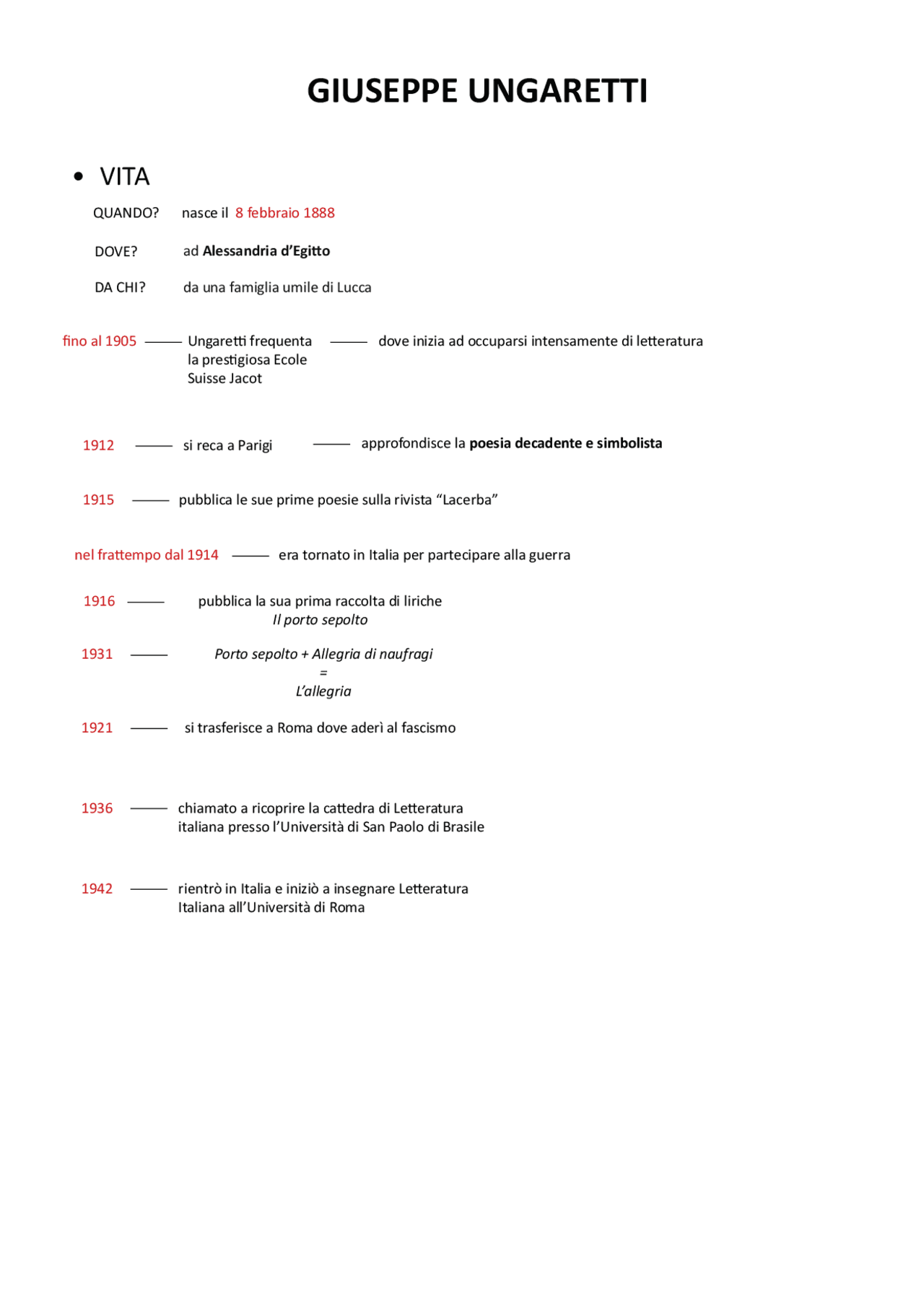 Giuseppe Ungaretti Vita E Opere Docsity