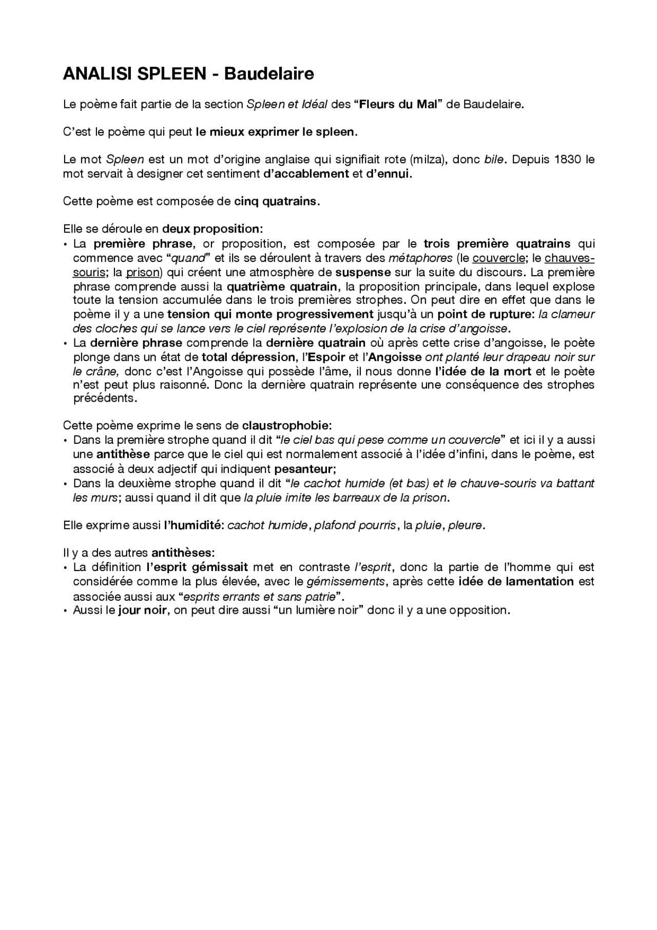 Le Spleen Baudelaire Appunti Di Francese Docsity