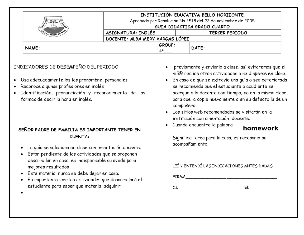 GUIA GRADO CUARTO PERIODO | Apuntes de Inglés | Docsity