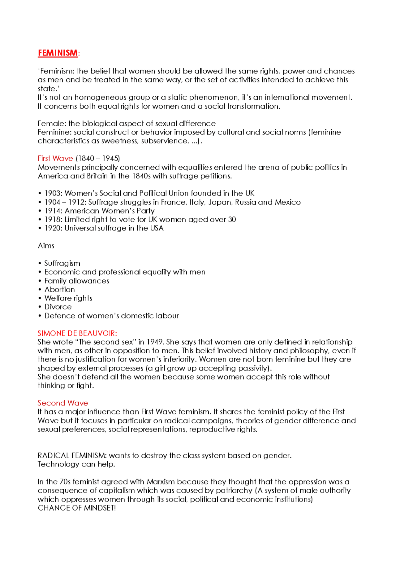 Riassunto sul femminismo in inglese - Docsity