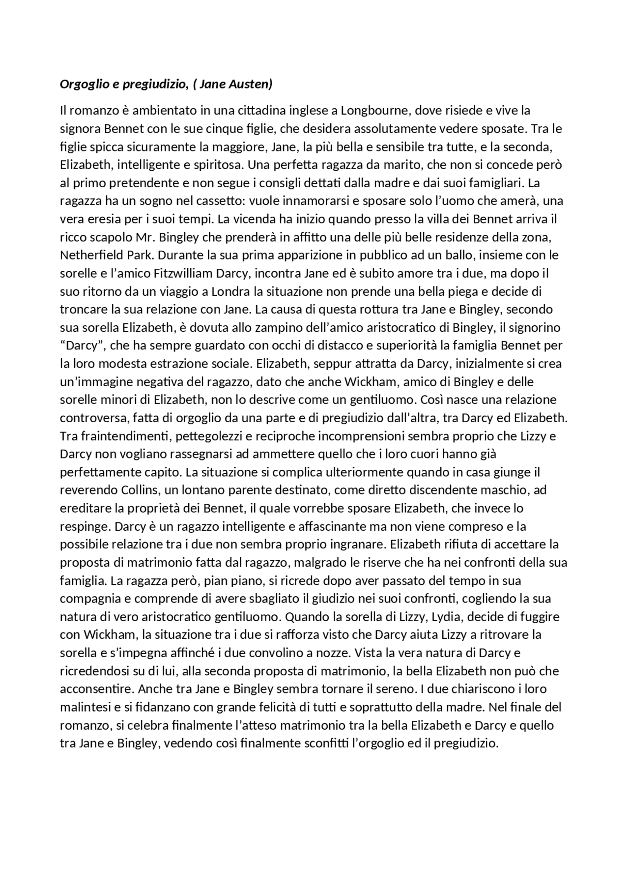 Riassunto Orgoglio E Pregiudizio Docsity