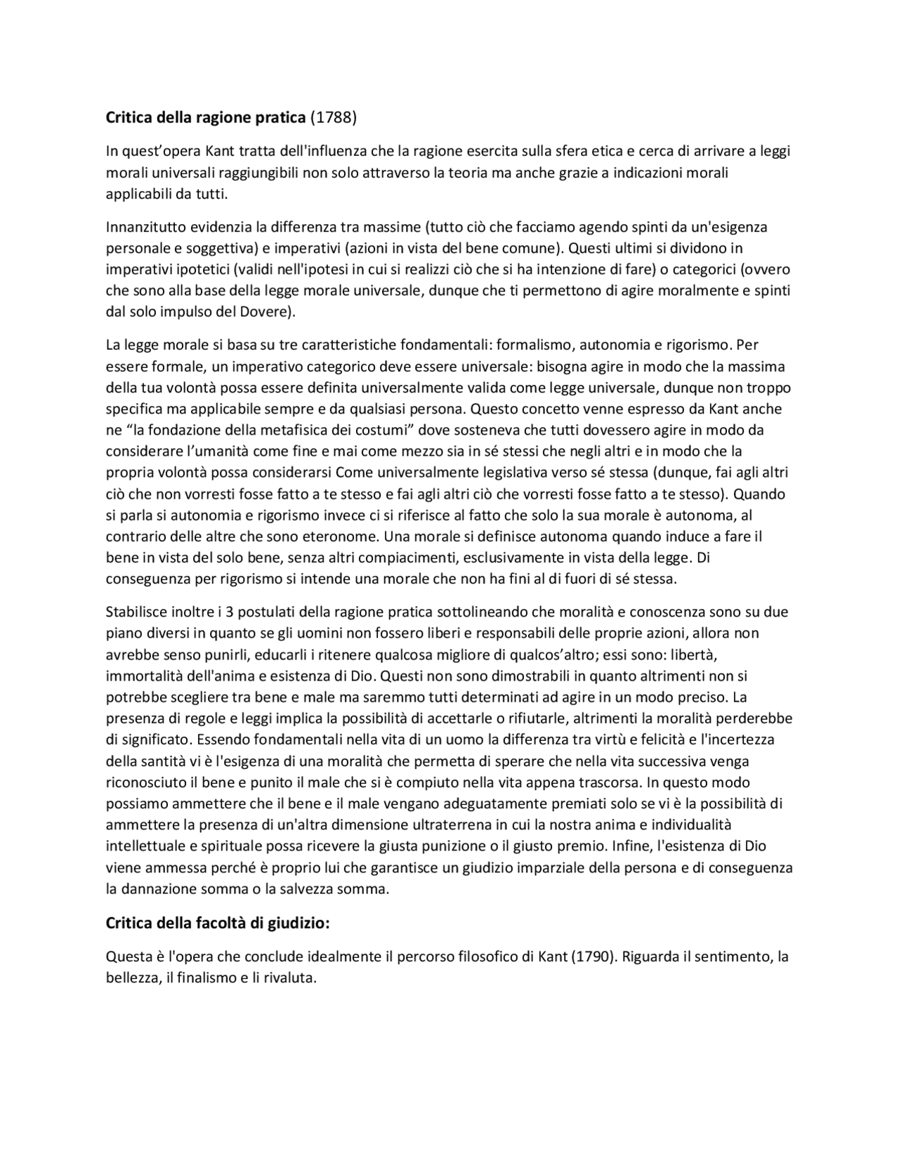 Kant Critica Della Ragion Pratica E Del Giudizio In Sintesi Docsity
