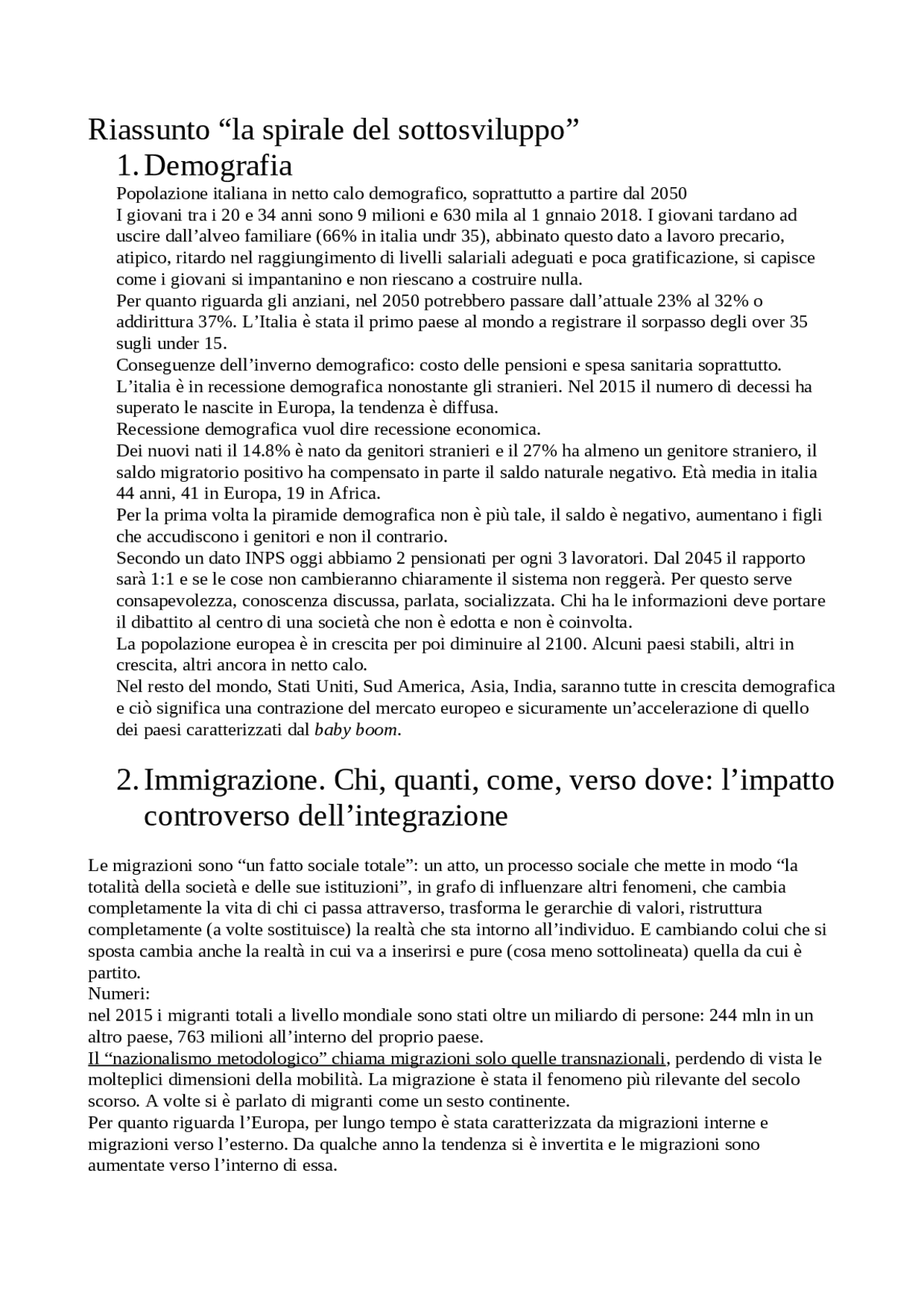 Riassunto del libro La Spirale del Sottosviluppo - Docsity