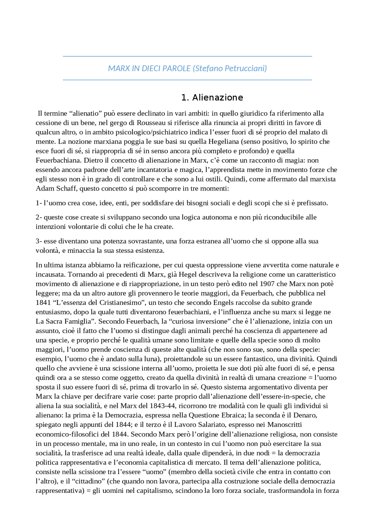 Marx In Dieci Parole Riassunto Docsity