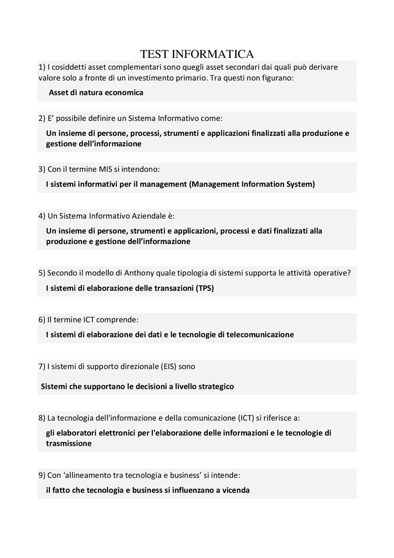 Test Informatica E Sistemi Informativi Docsity