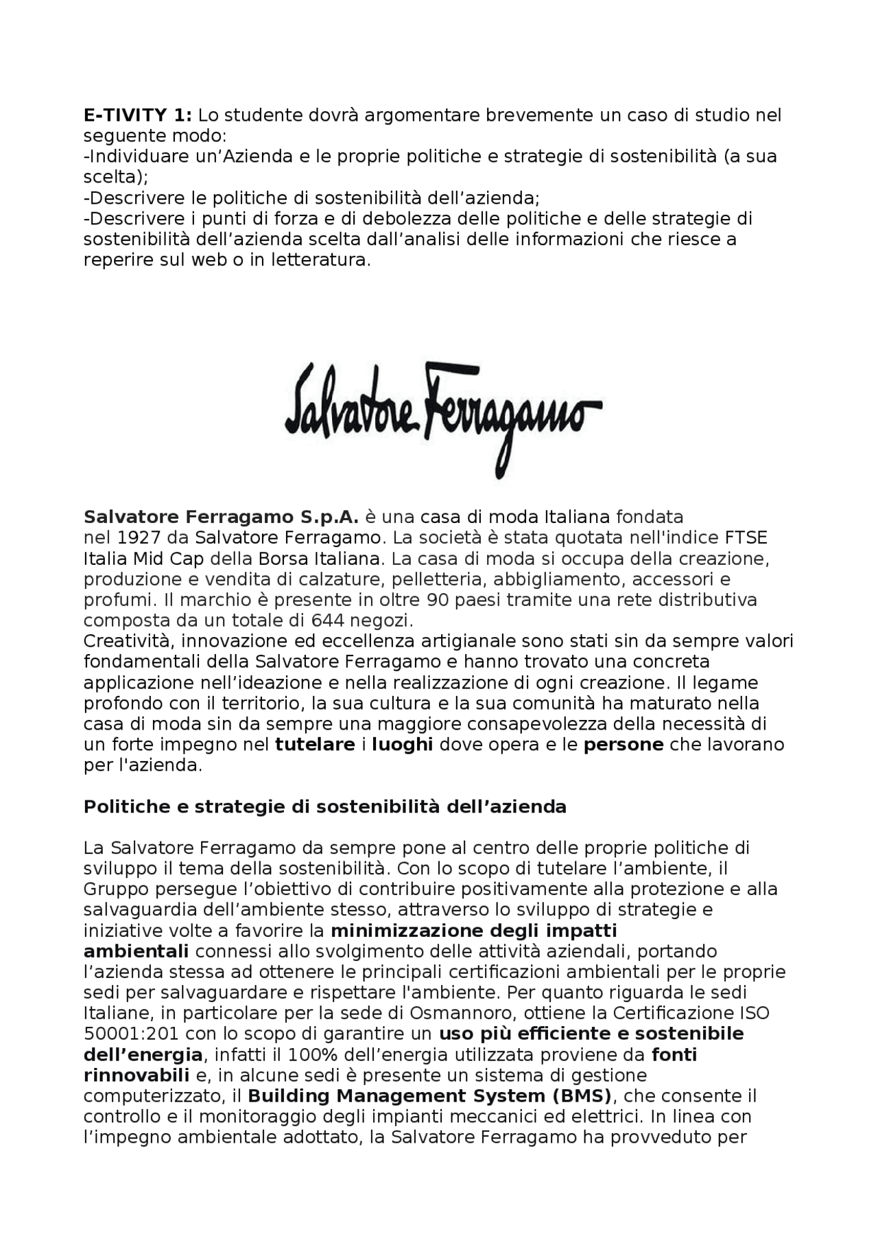 E-TIVITY 1 - MANAGEMENT DELLA SOSTENIBILITA' E DELL'INNOVAZIONE - Docsity