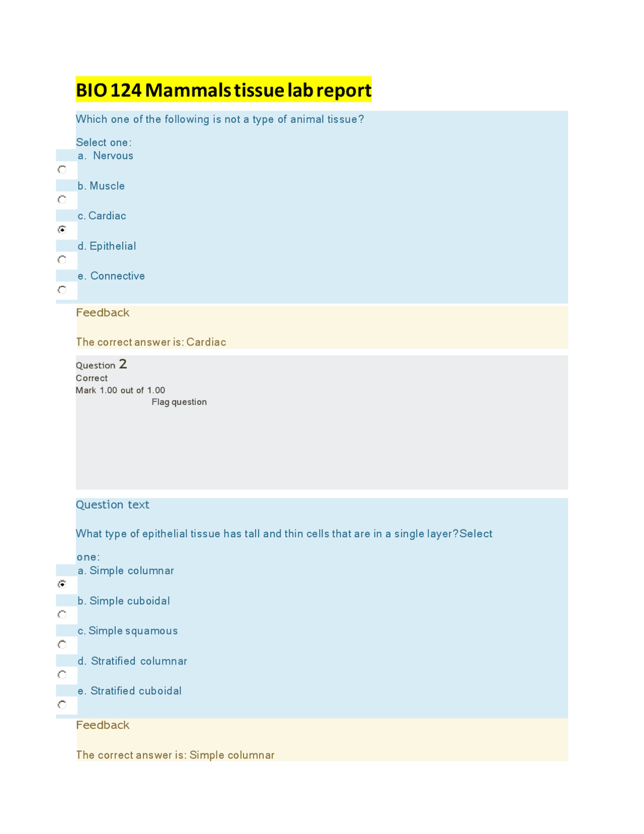 BIO 124 Mammals tissue lab report - Docsity