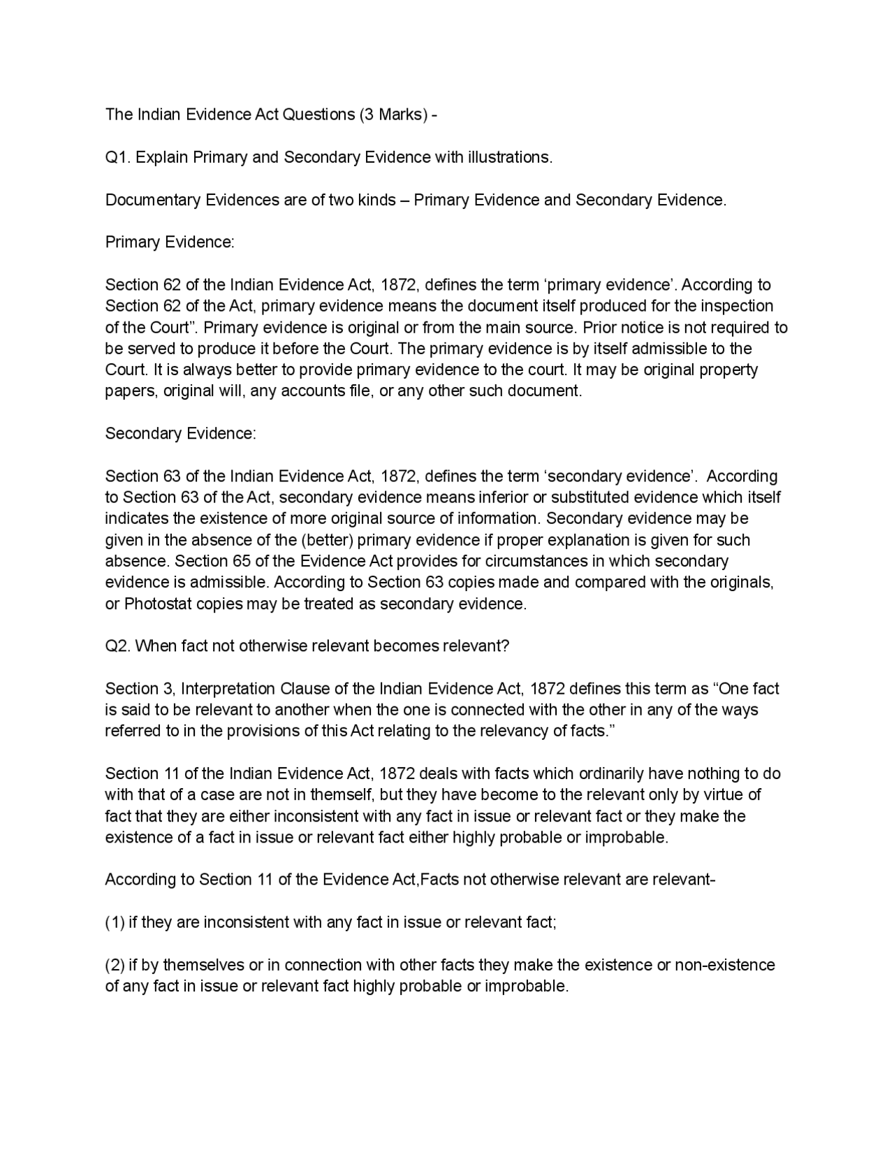 Sample questions on evidence law | Exams Law of Evidence | Docsity