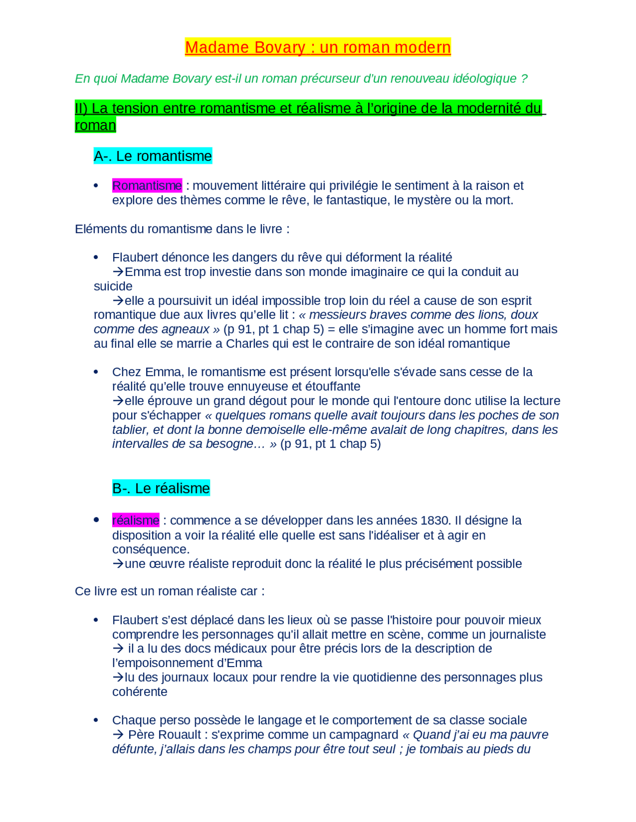 Made Bovary Romantisme Et Realisme Docsity
