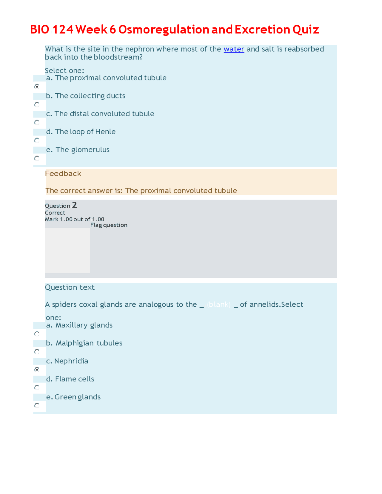 BIO 124 Week 6 Osmoregulation and Excretion Quiz. - Docsity