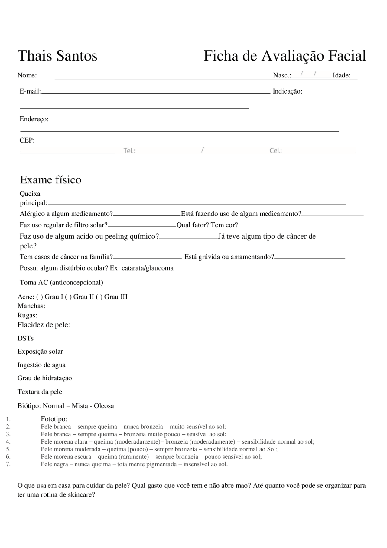 FICHA DE AVALIAÇÃO ESTETICA | Resumos Estética | Docsity