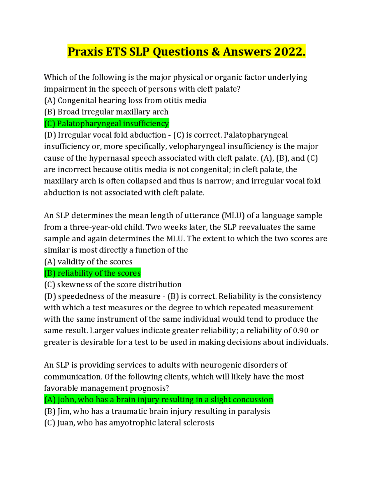 Praxis ETS SLP Questions & Answers 2022. - Docsity