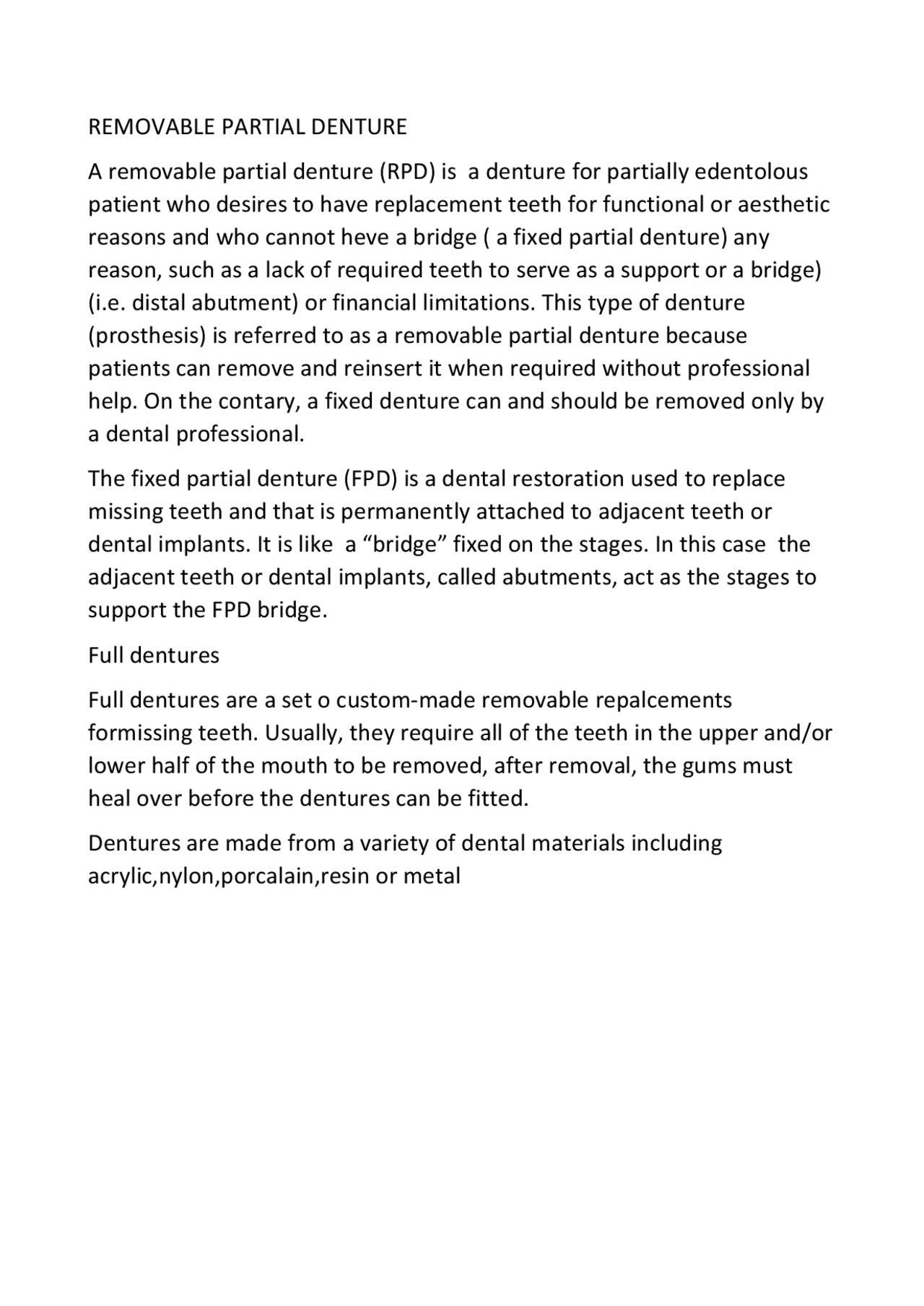 Removable partial denture - Docsity