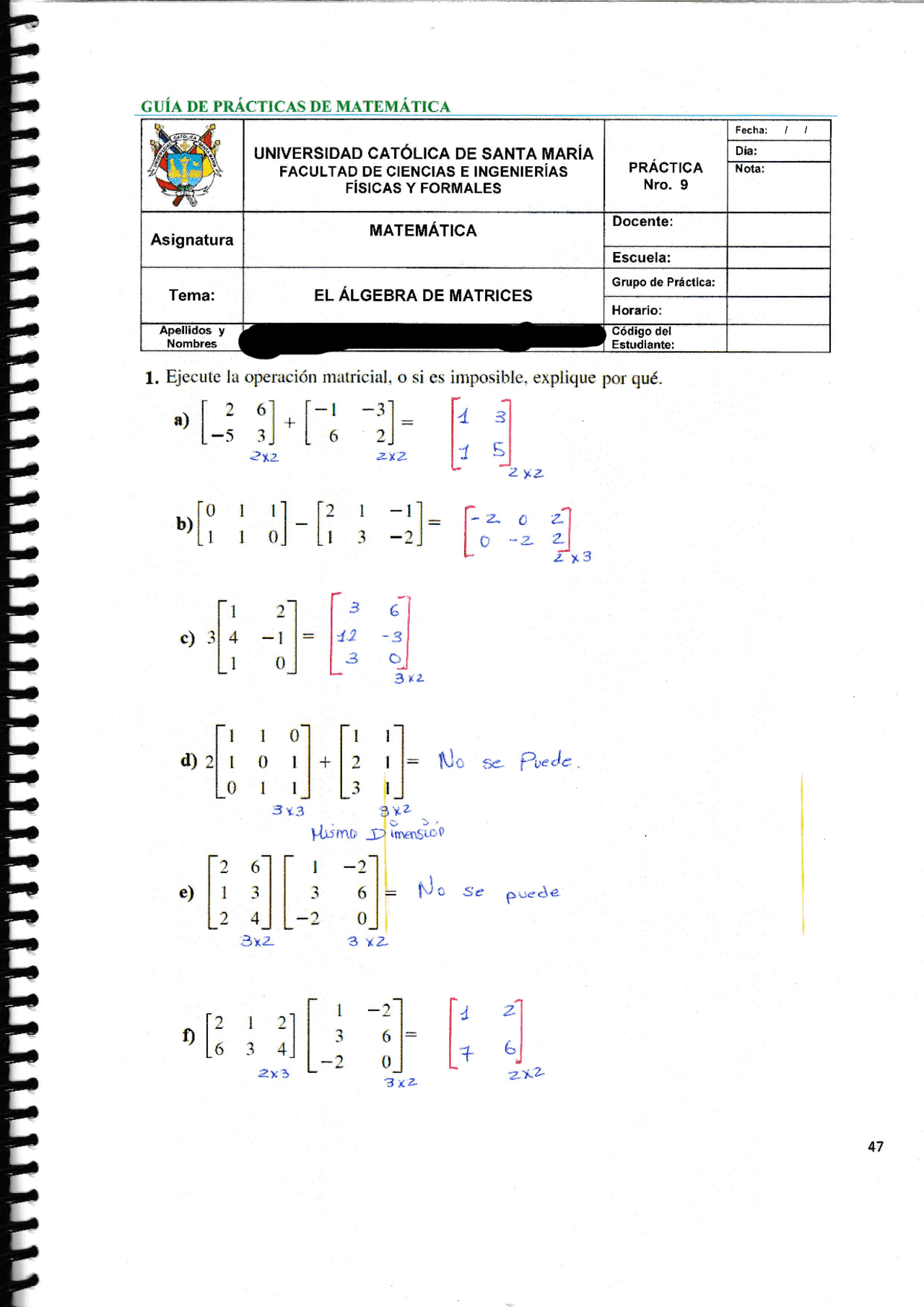 Guía de Prácticas de Algebra de Matrices | Exercises of Mathematics | Docsity