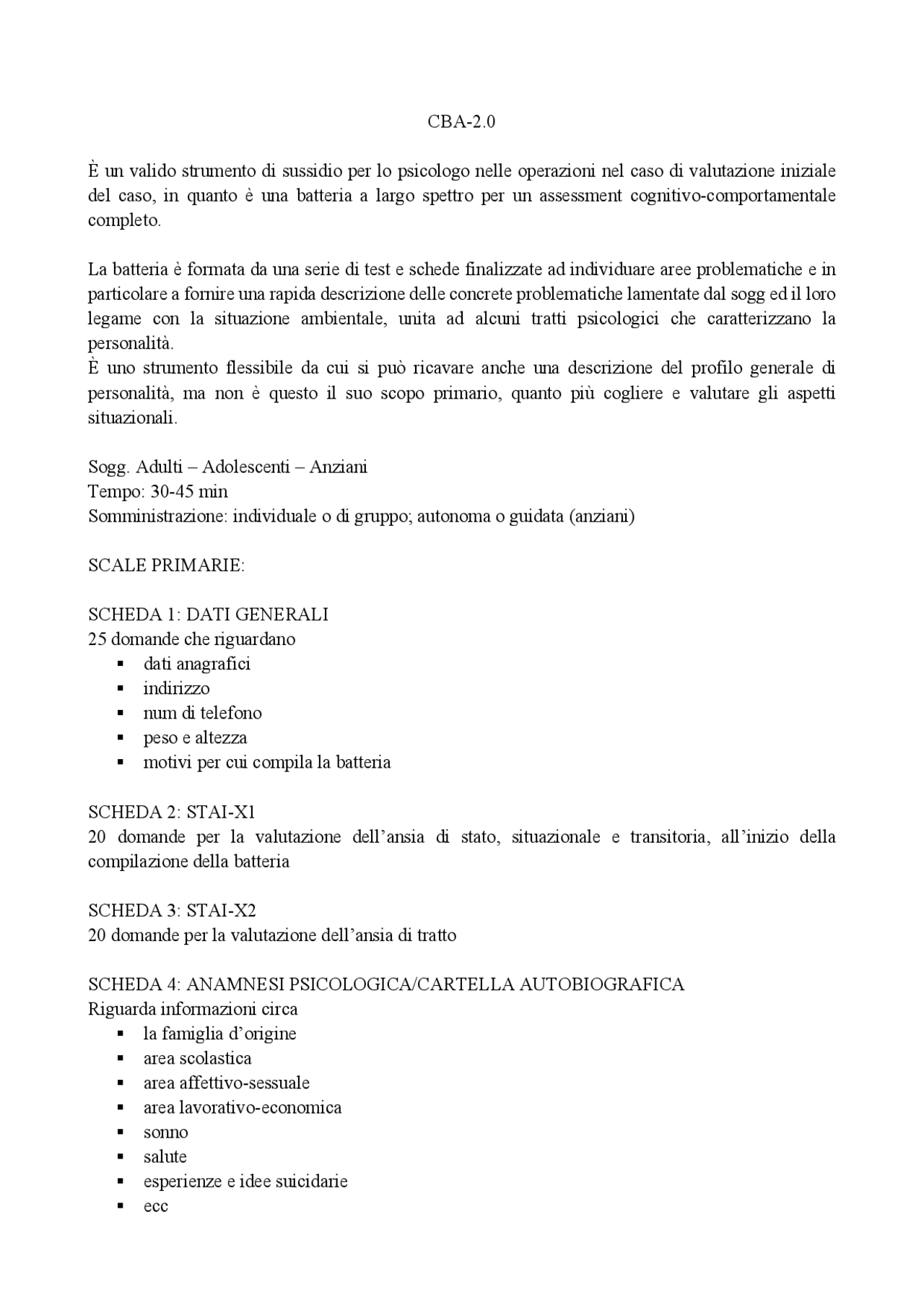 Schema del Cognitive Behavioural Assessment 2.0 (CBA-2.0) | Slide di ...