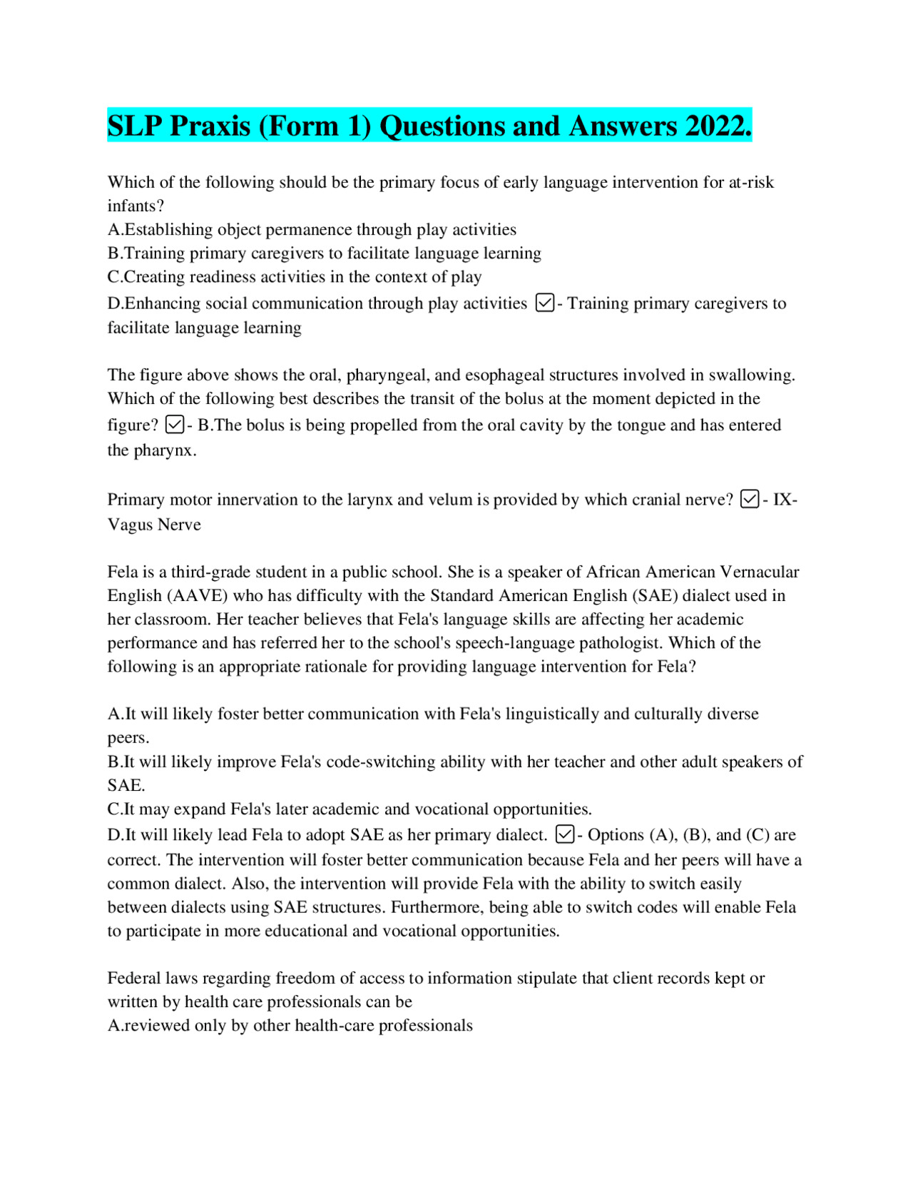 SLP Praxis 2022 Form 1 Exam Answered. - Docsity