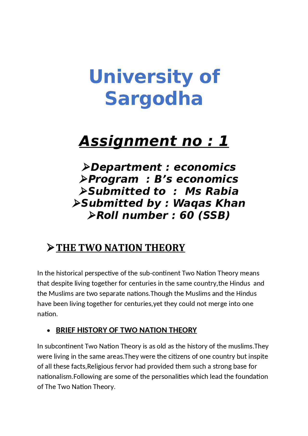 Two nation theory Pakistan study by Waqas Khan - Docsity