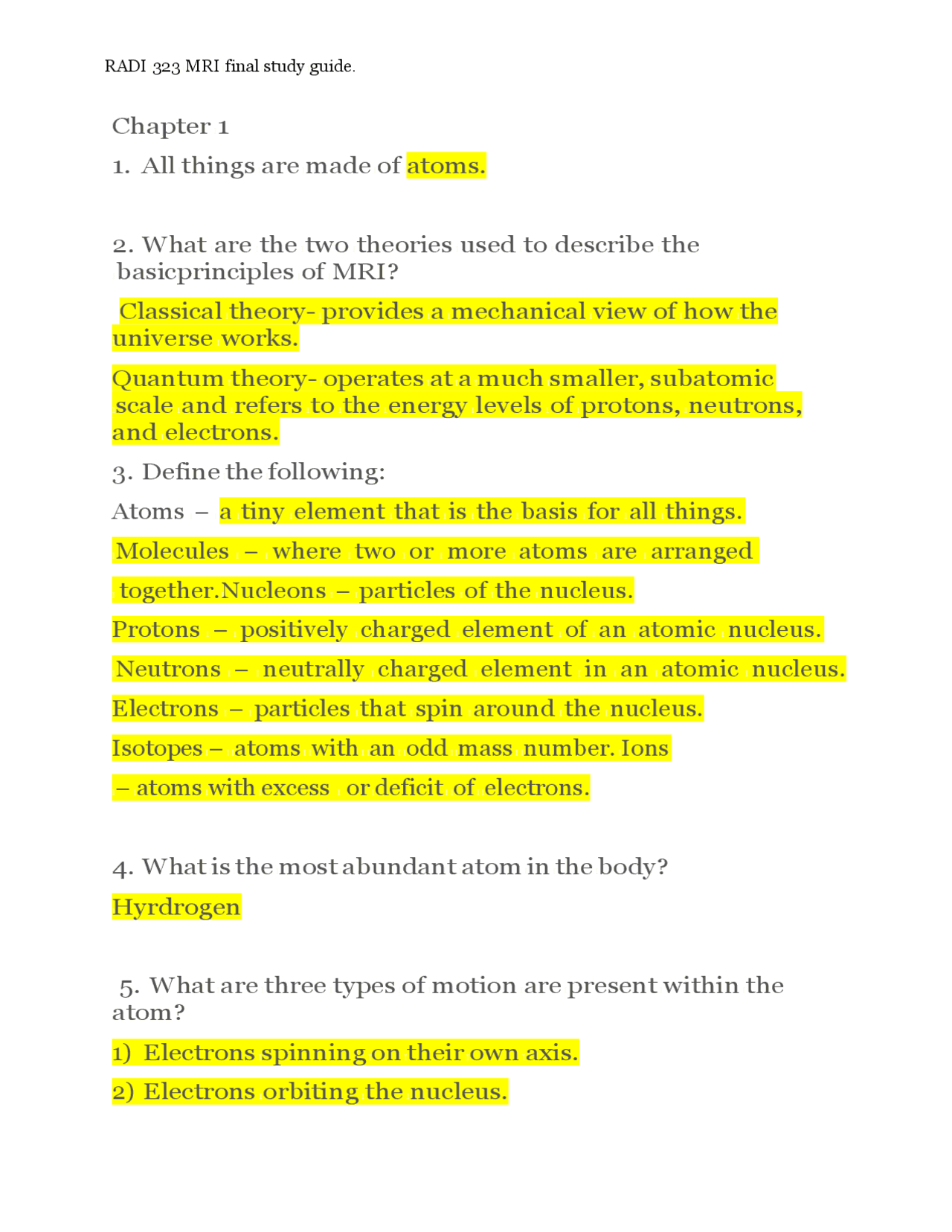 RADI 323 MRI final study guide - Docsity