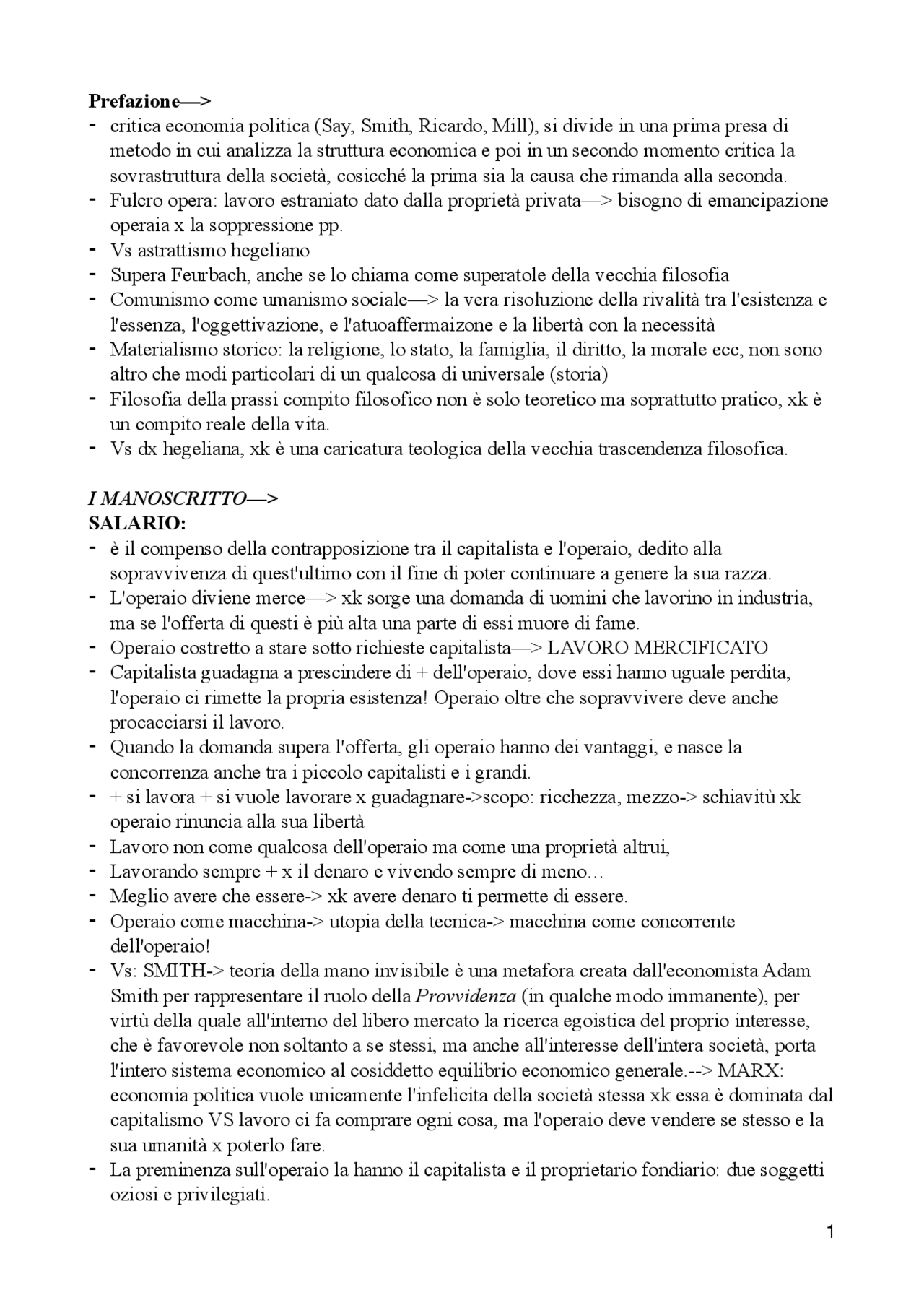 Riassunto Manoscritti Marx Docsity