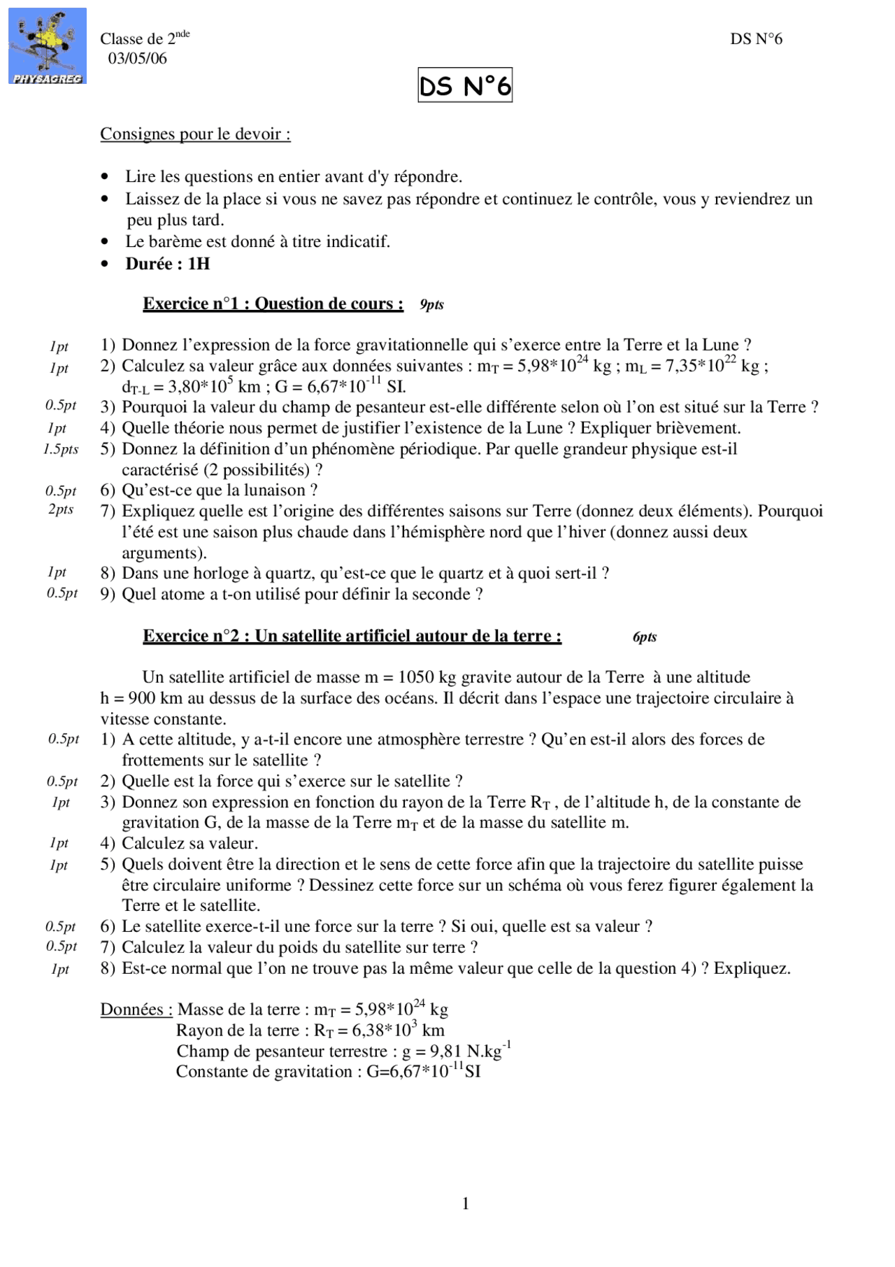 Devoir de physique - Docsity