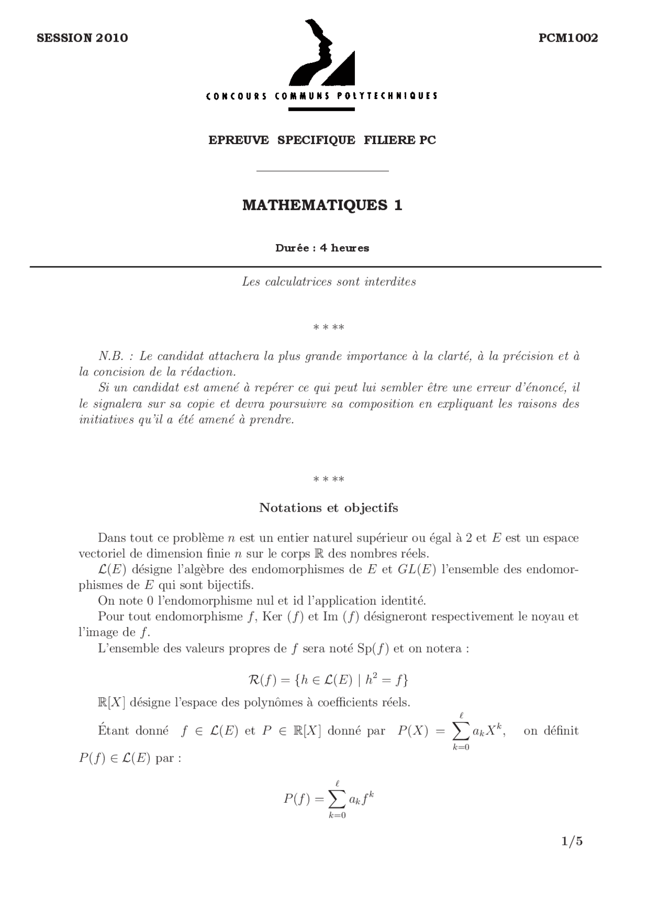 Mathematiques 1 Filière Pc Docsity