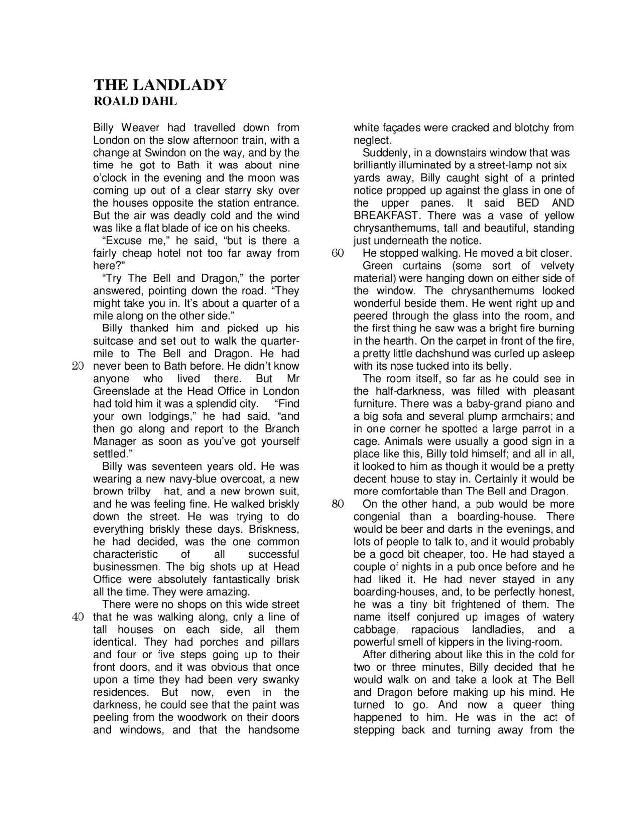 The Landlady text reading - Docsity