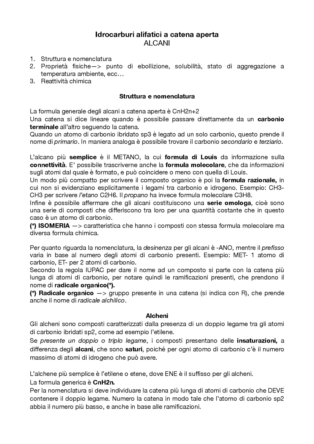 Idrocarburi alifatici a catena aperta + isomeria - Docsity