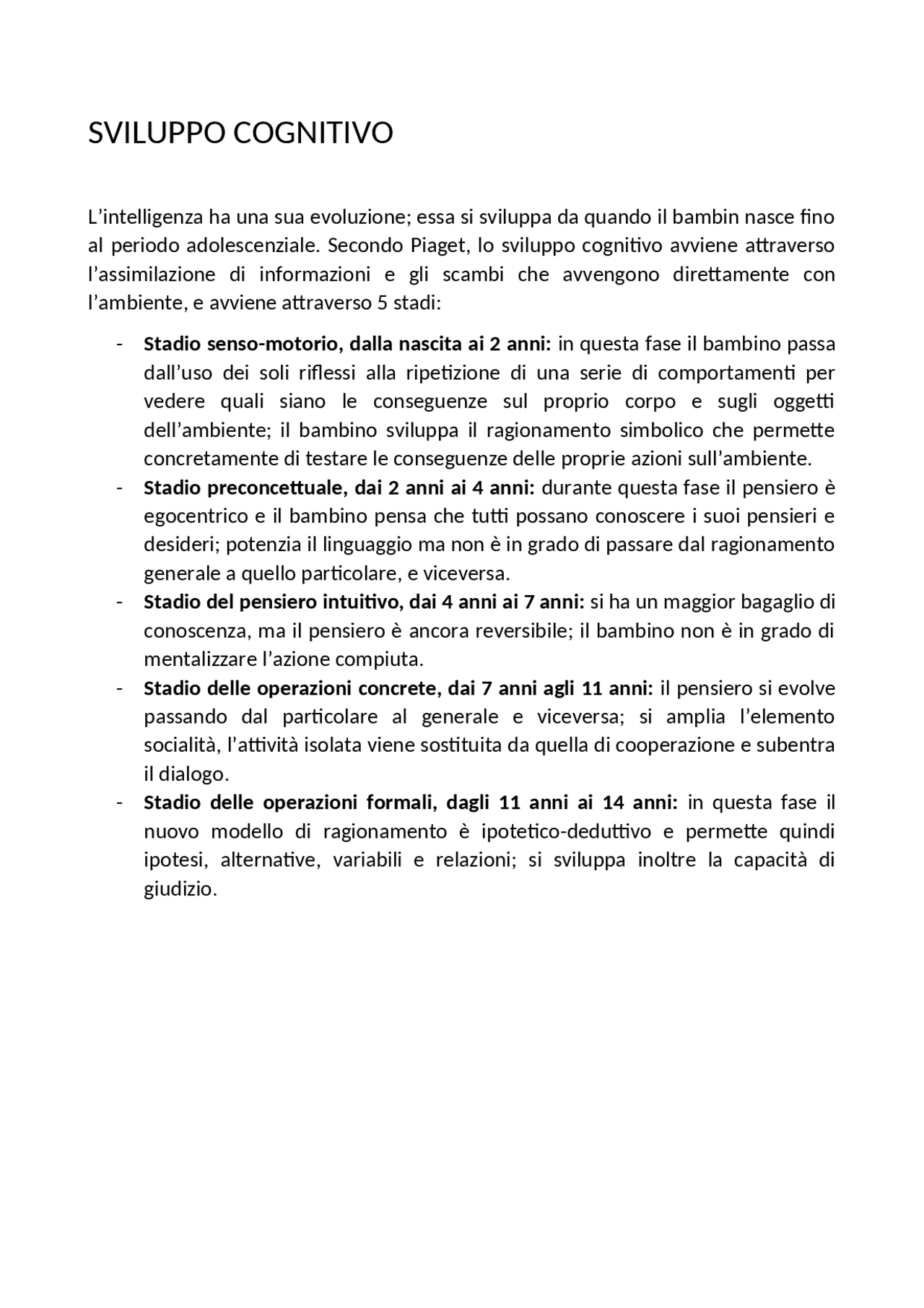 Lo Sviluppo Cognitivo Docsity