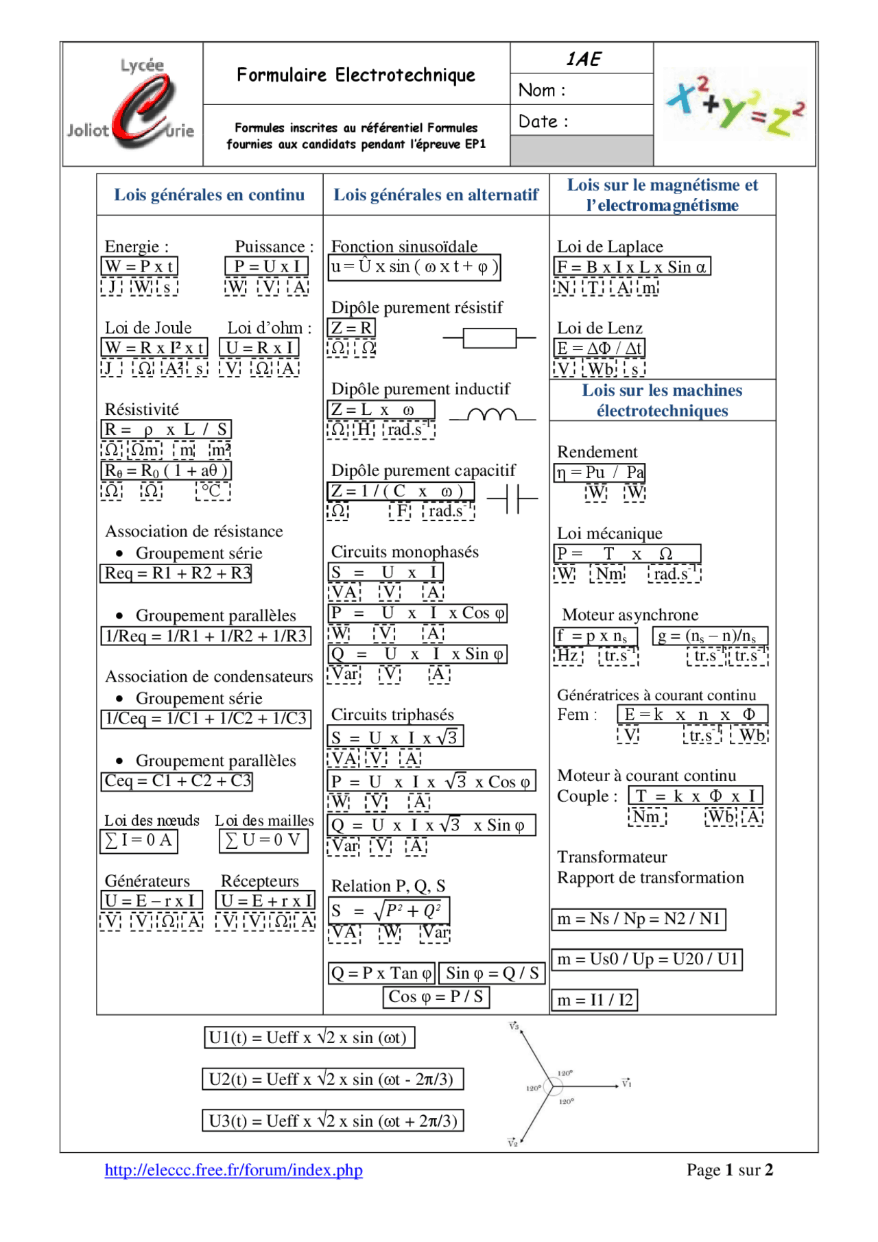 Formulaire Electrotechnique 1AE Nom | Slides Physique | Docsity