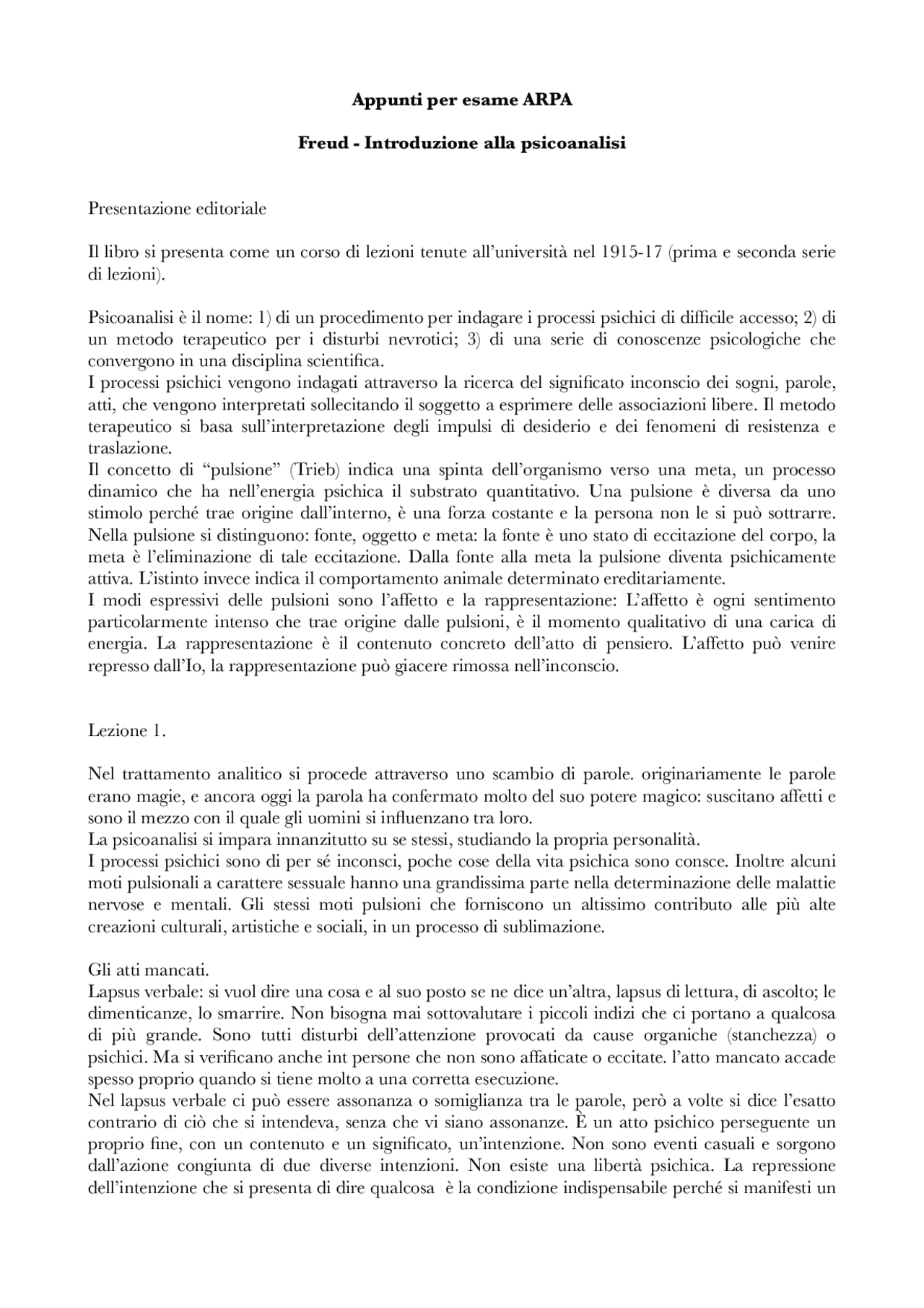 Introduzione Alla Psicoanalisi Appunti Docsity