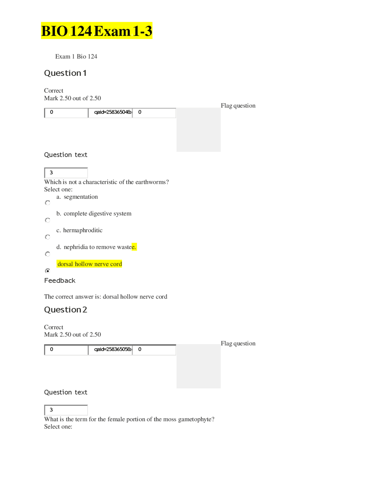 BIO 124 Exam 1-3 questions and answers - Docsity