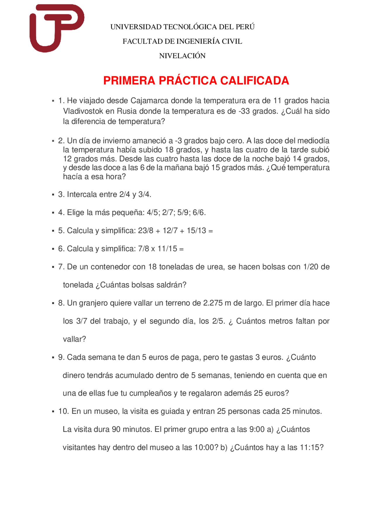 Primera PrÁctica Calificada NivelaciÓn Docsity