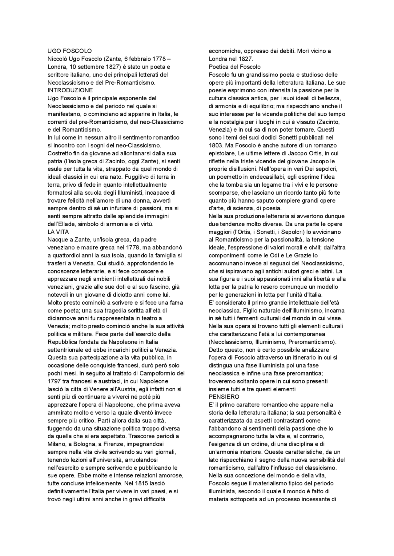 Foscolo Appunti E Riassunto Docsity