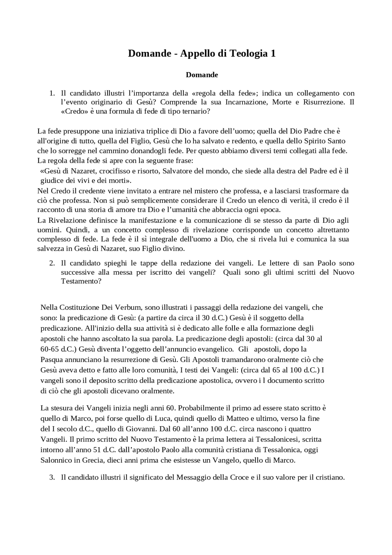 Prova Desame Teologia 1 Docsity