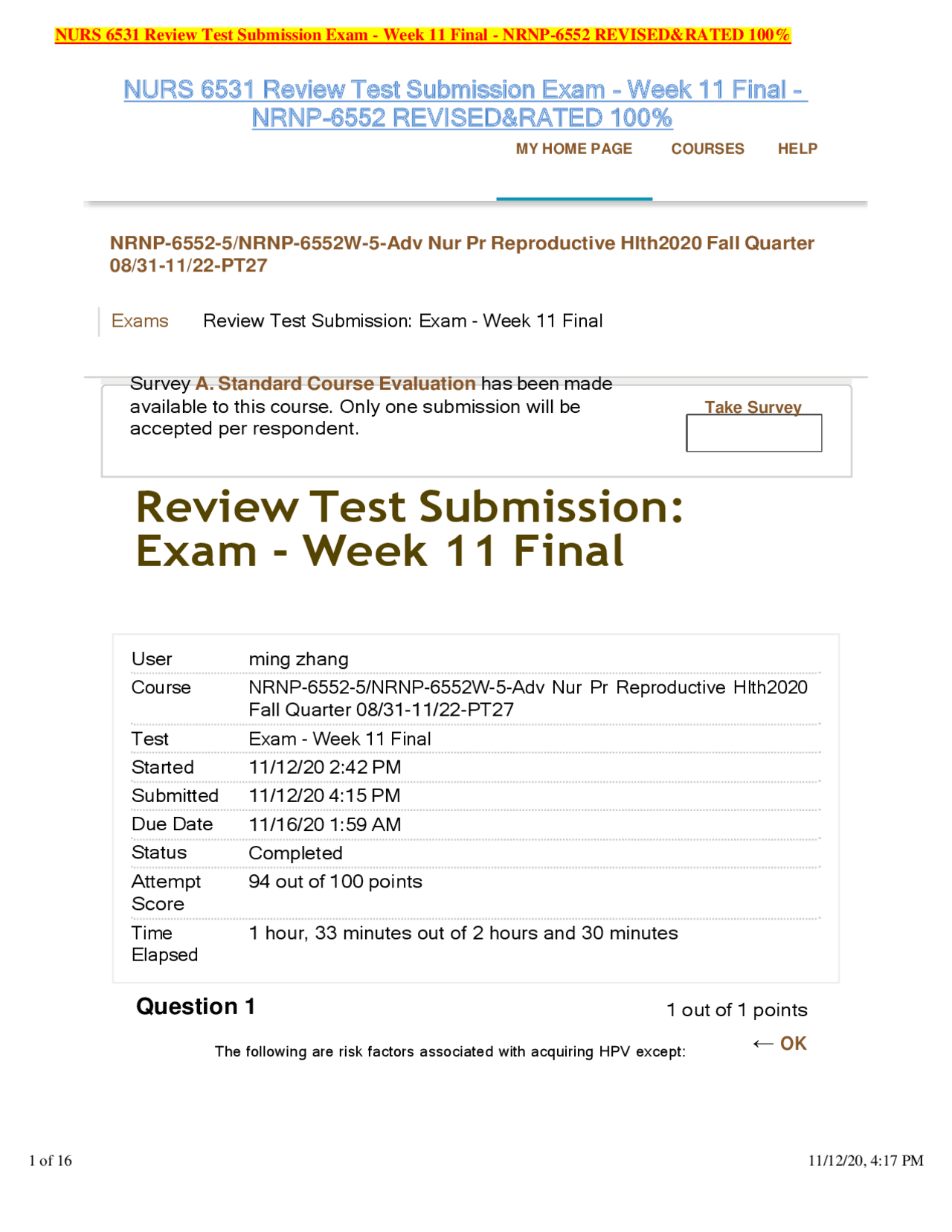 Nurs 6531 Review Test Submission Exam Week 11 Final Nrnp 6552