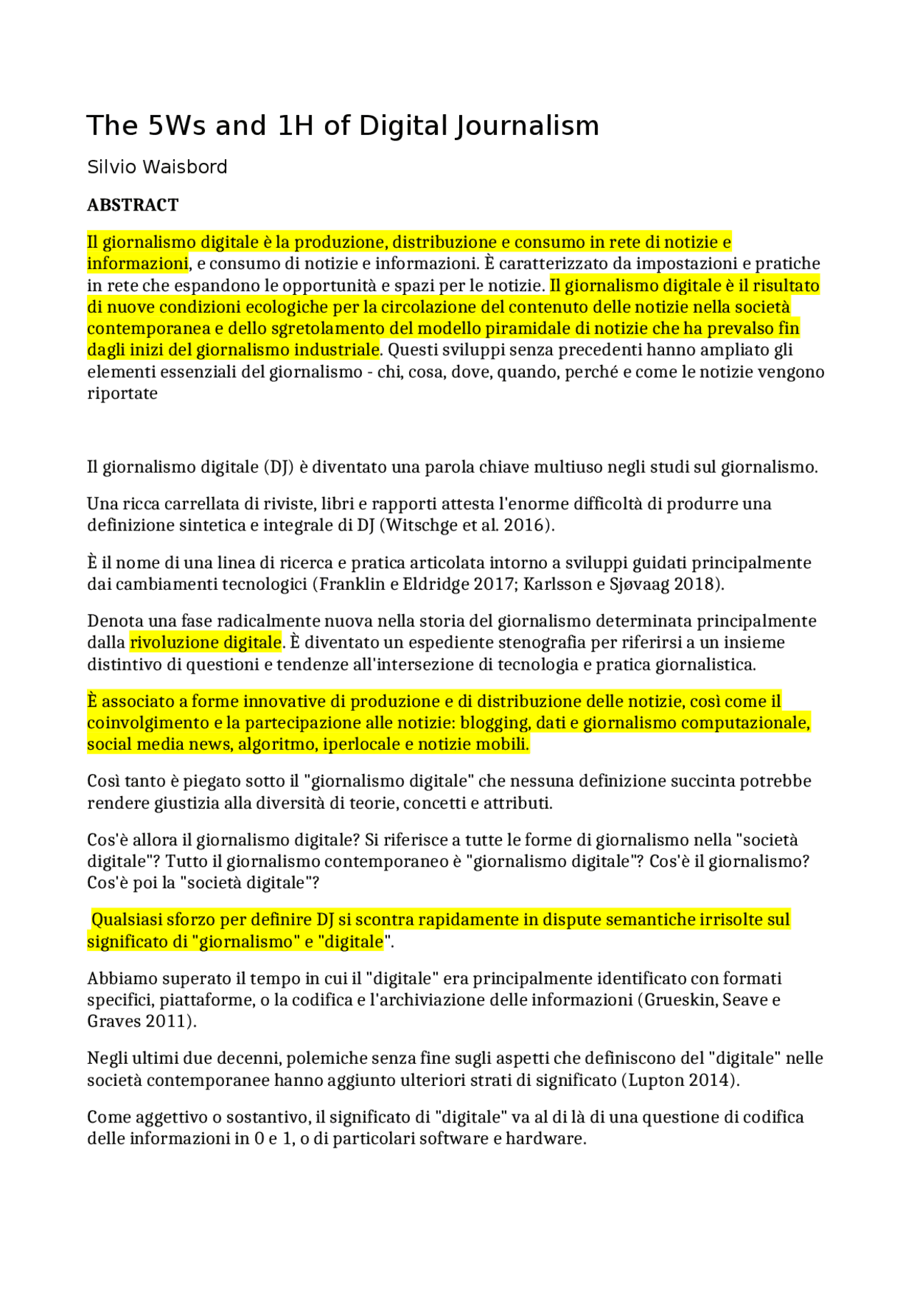 The 5Ws and 1H of digital journalism - silvio waisbord - Docsity