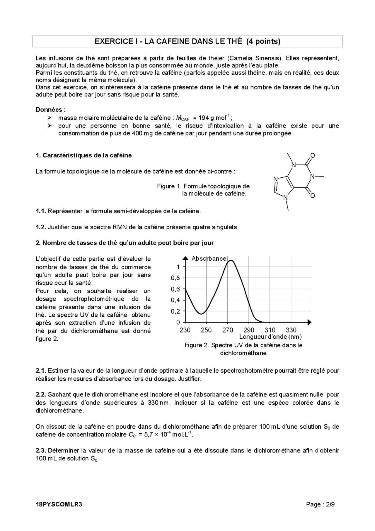 Exercise la cafeine dans le thé - Docsity