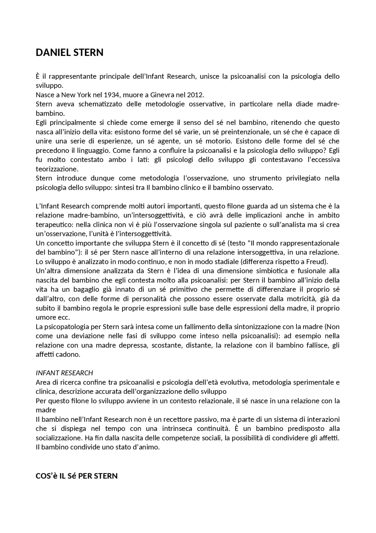 Daniel Stern e l'Infant Research | Appunti di Psicologia Dinamica - Docsity
