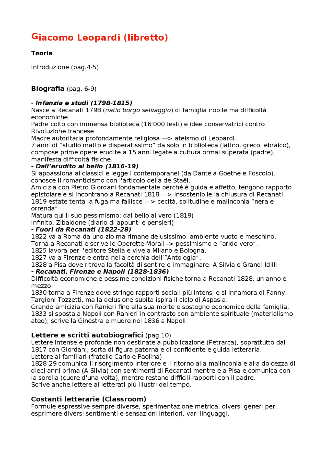 Leopardi - biografia, poetica e opere parziali - Docsity