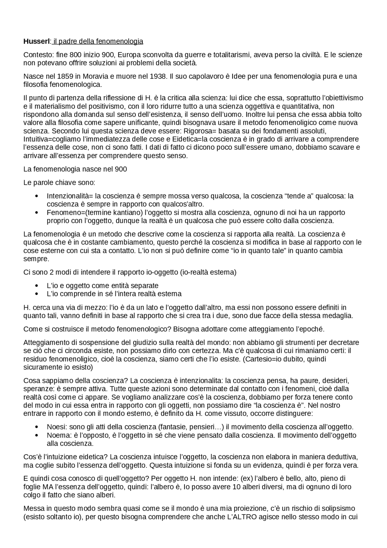 Husserl E Fenomenologia Riassunto Docsity