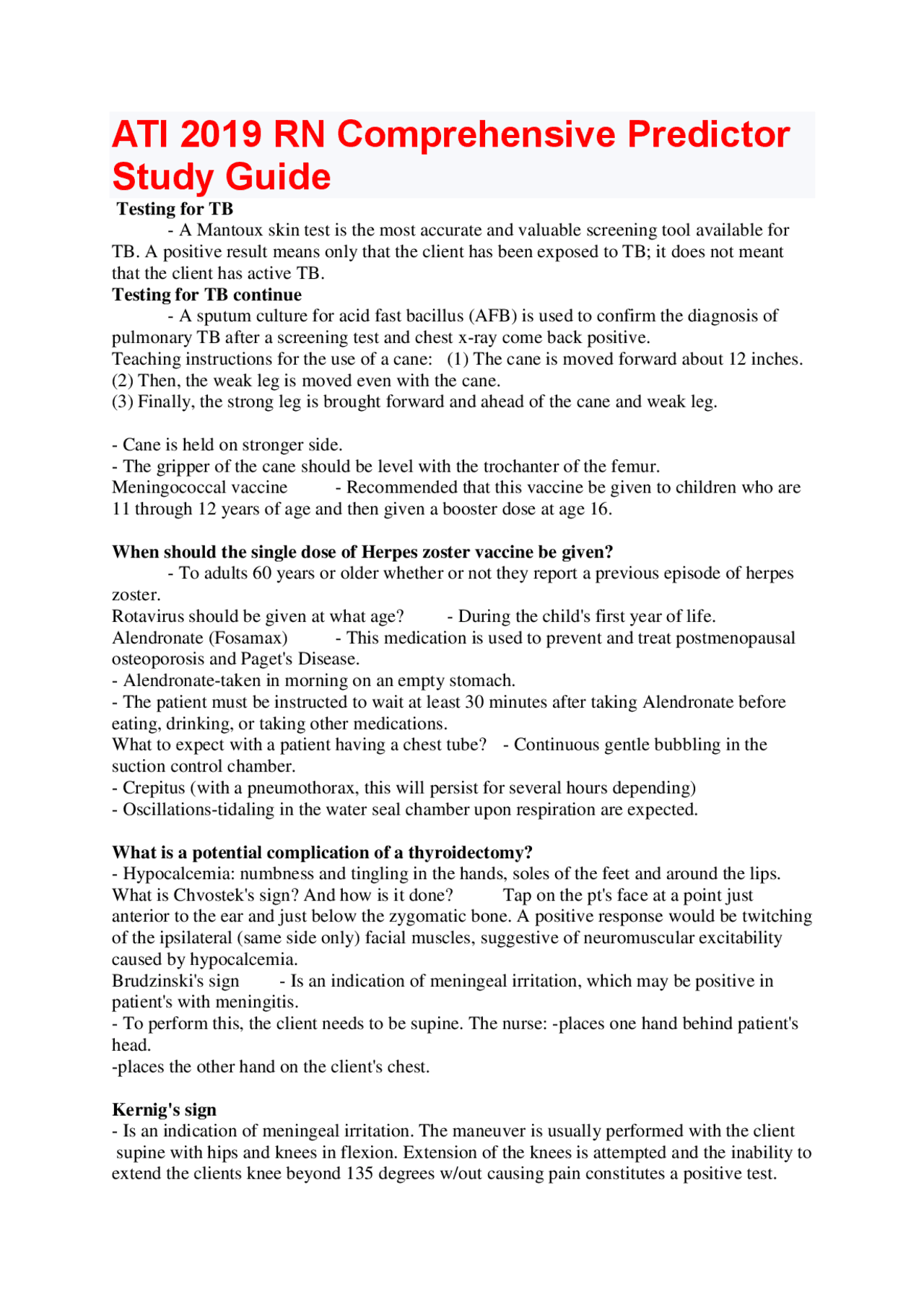 ATI 2019 RN COMPREHENSIVE PREDICTOR STUDY GUIDE | Exams Nursing | Docsity