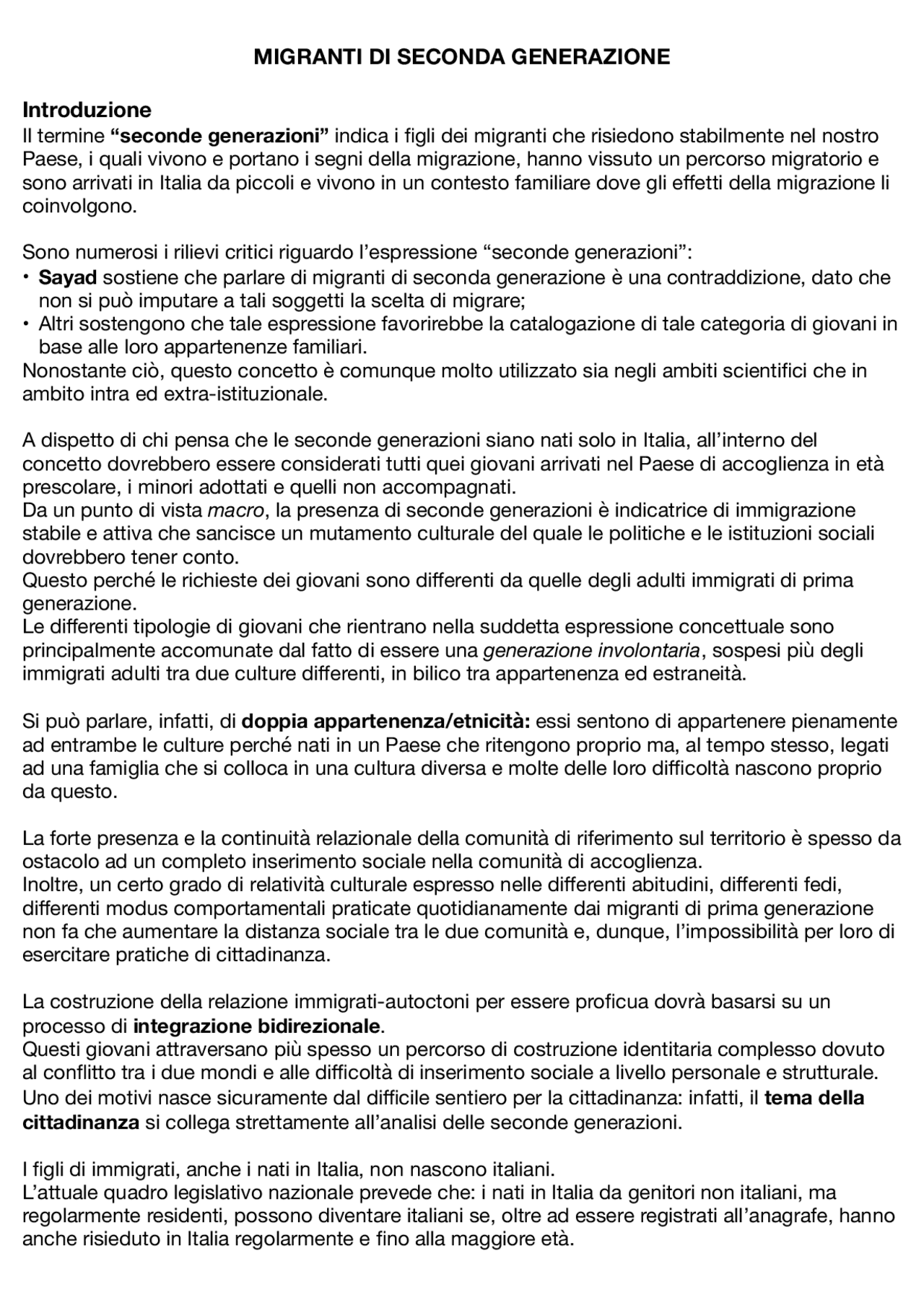 Riassunto Migranti Di Seconda Generazione Docsity