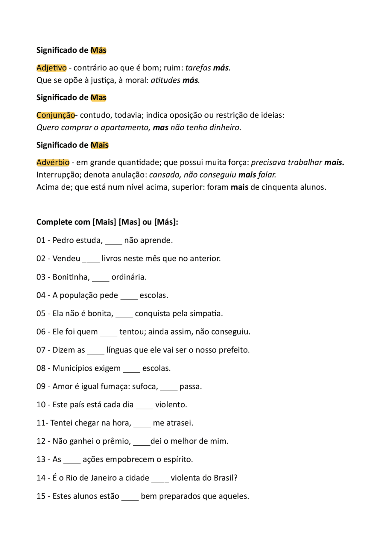 Diferença entre MAS, MAIS e MÁS - Docsity