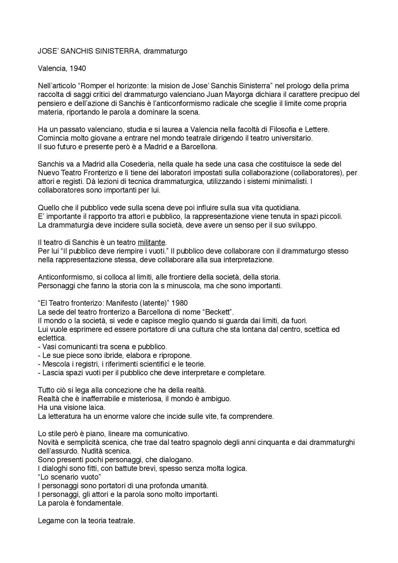 Appunti su José Sanchis Sinisterra - Docsity