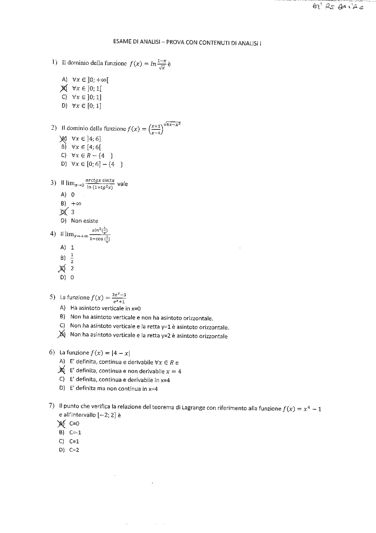 Prova Intercorso Di Analisi Matematica Elaborato 1 Docsity