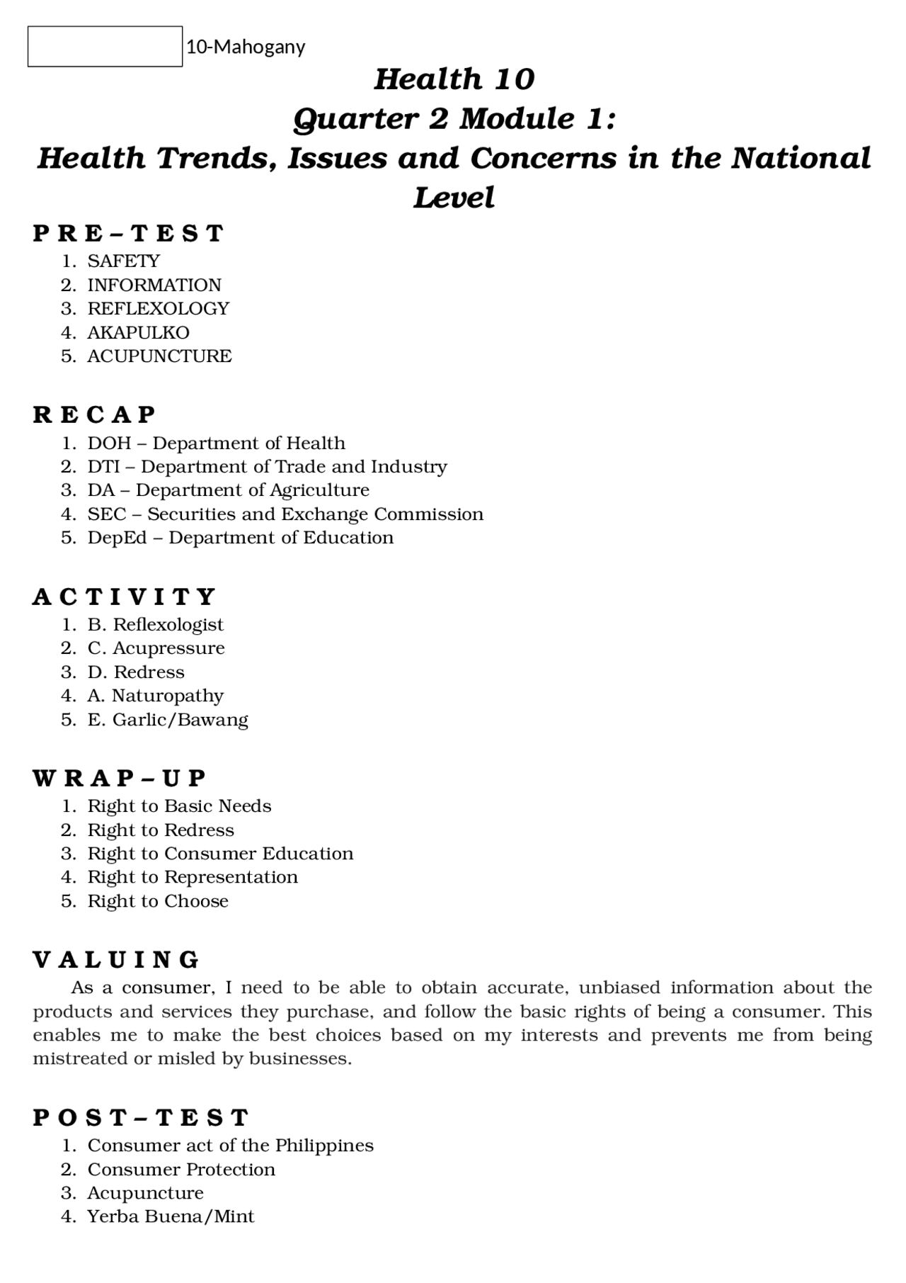 Health grade 10 quarter 2 - Docsity