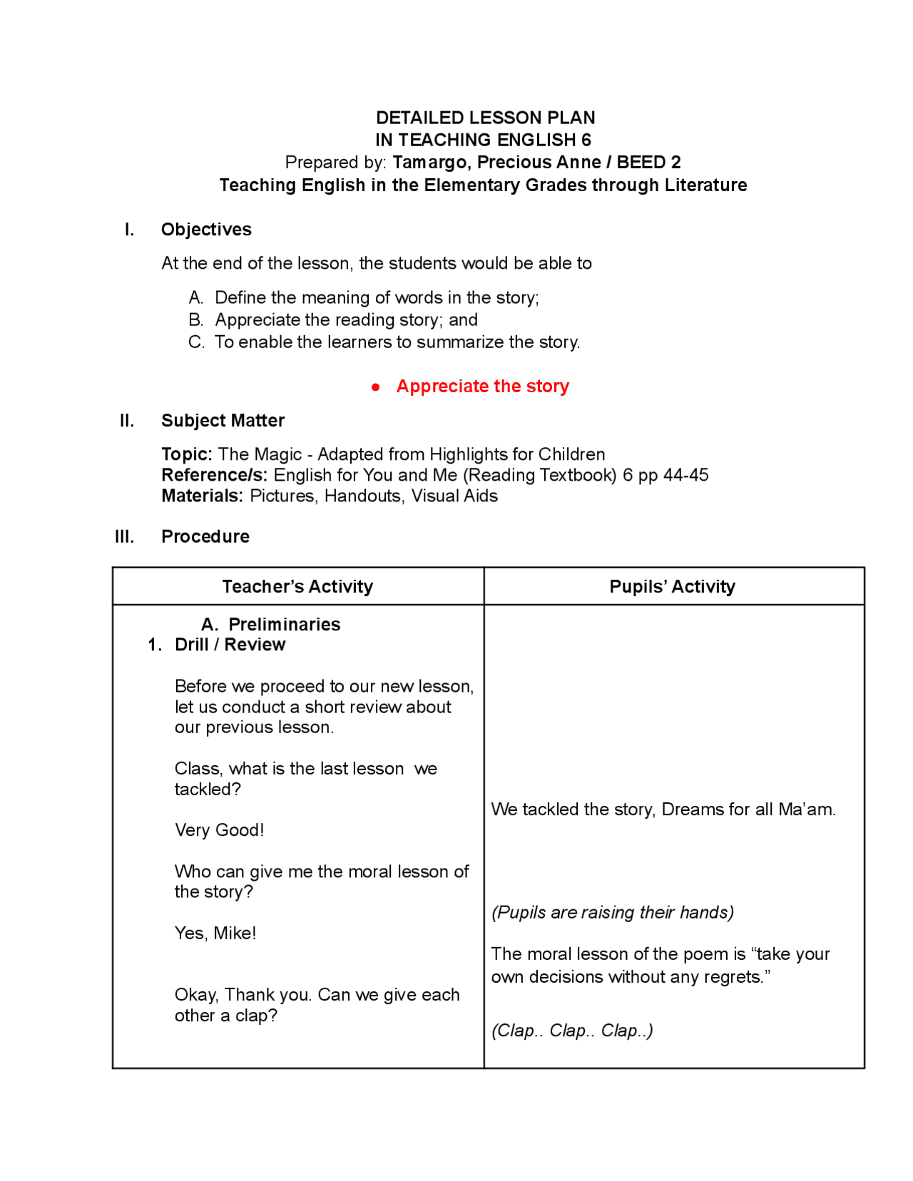 Reading a Story Lesson Plan | Essays (high school) English | Docsity