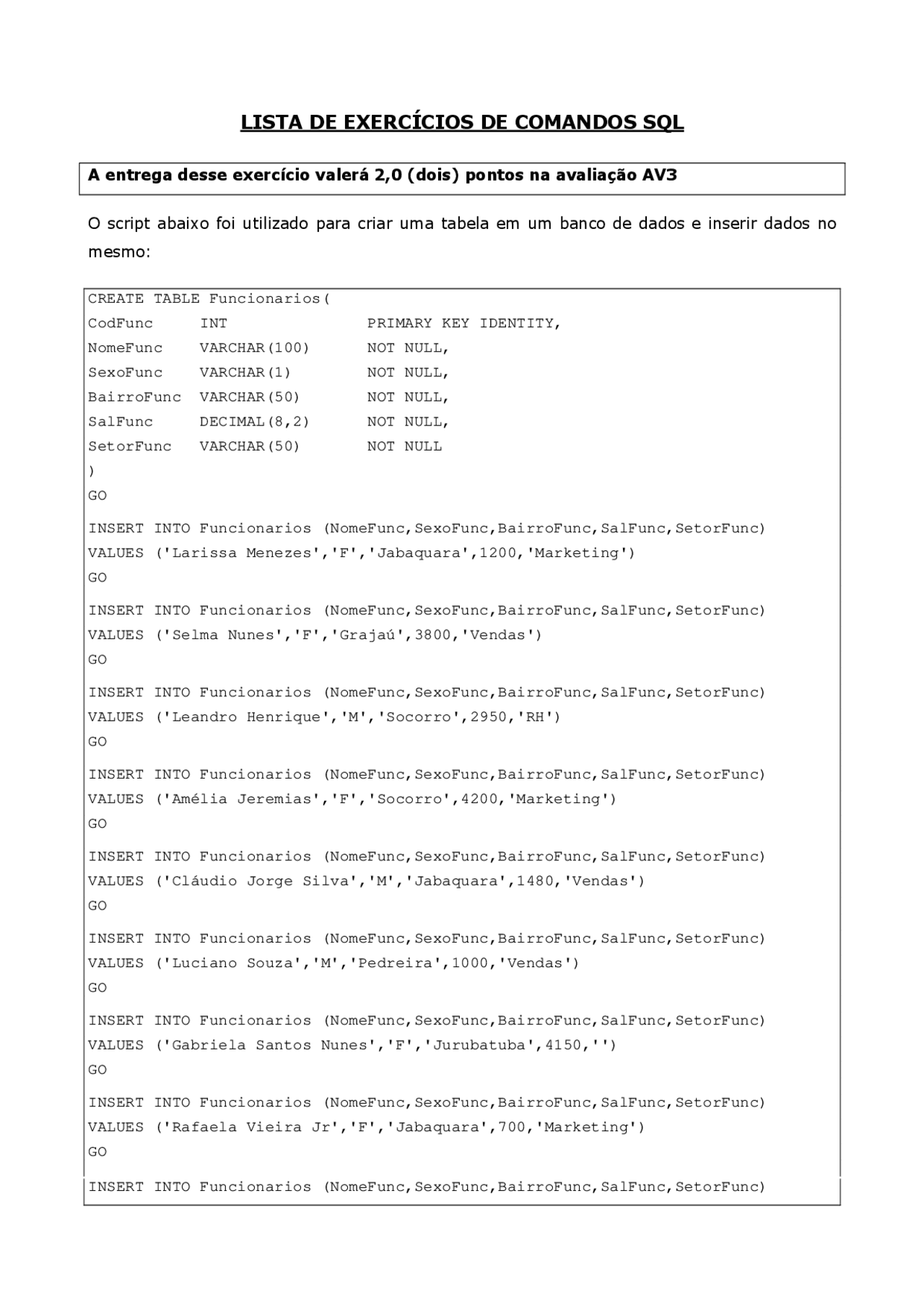 LISTA DE EXERCÍCIOS DE COMANDOS SQL - Docsity
