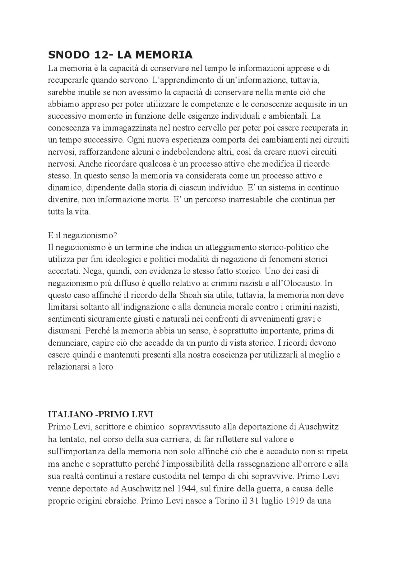 Tesina Sulla Memoria Docsity