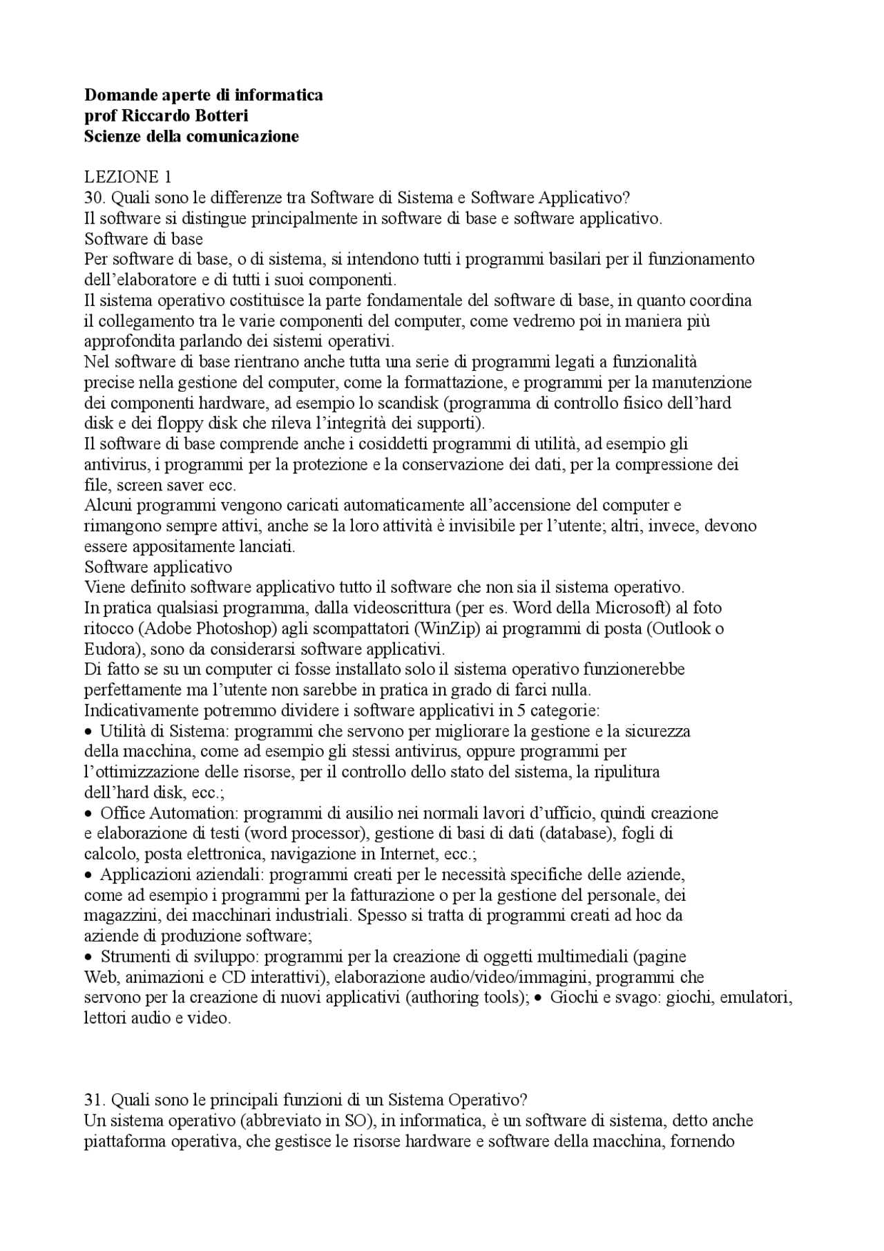 Paniere delle domande aperte di informatica prof Botteri scienze della comunicazione - Docsity